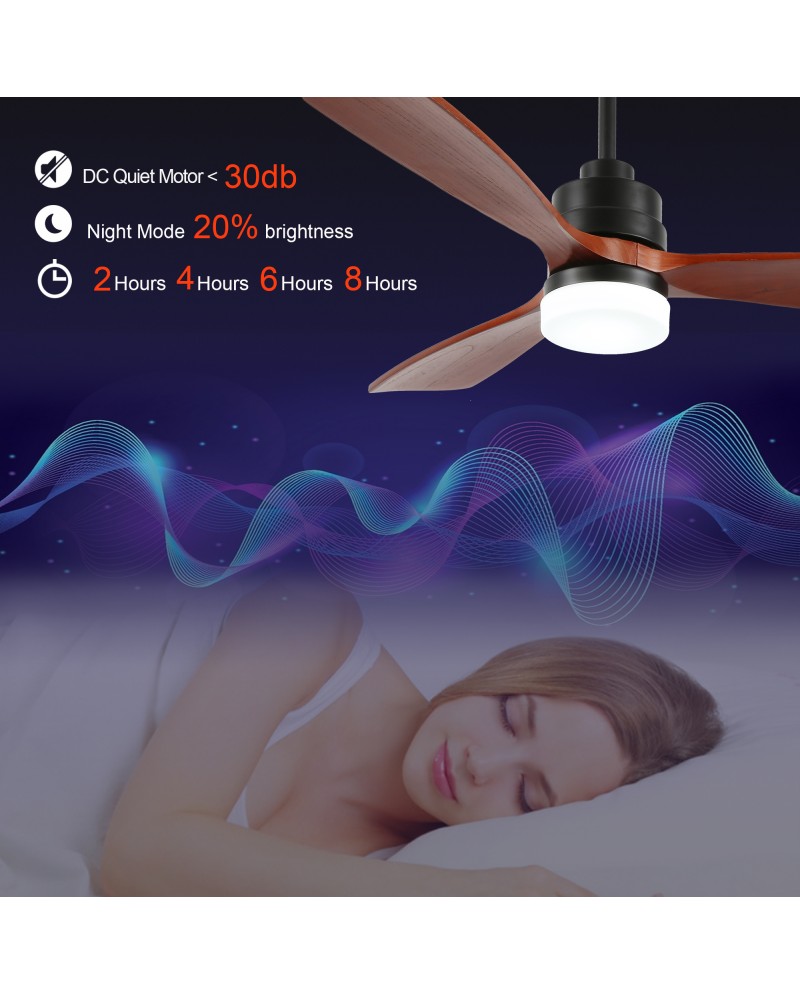 52" Reversible Noiseless LED Wooden 3-Blade Ceiling Fan with Lights ...